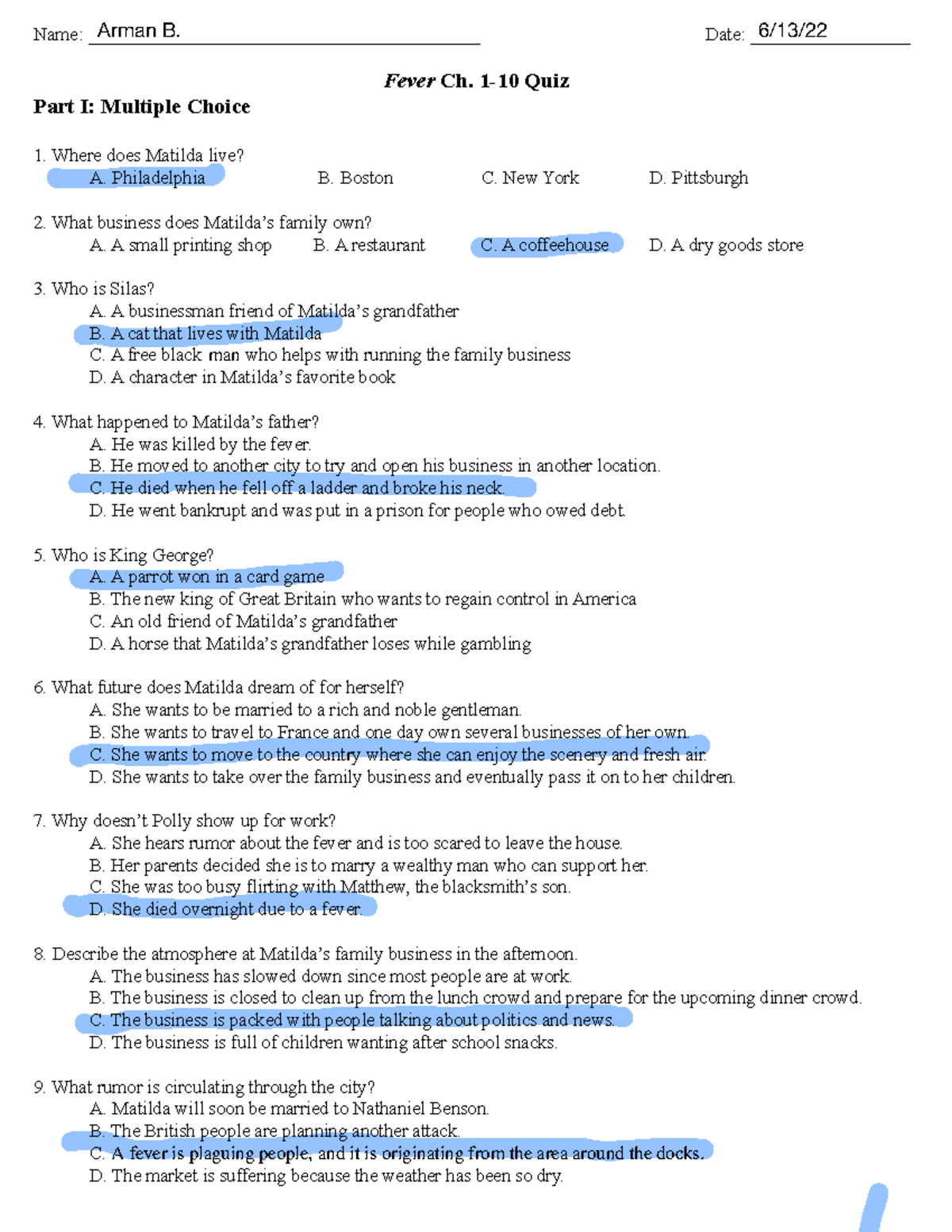 Copy of Fever Ch. 1-10 Quiz - Name ...