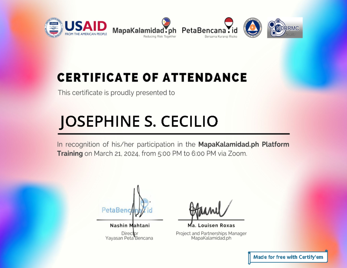 Certificate for Josephine S Cecilio for Attendance Mapa Kalamidad p ...