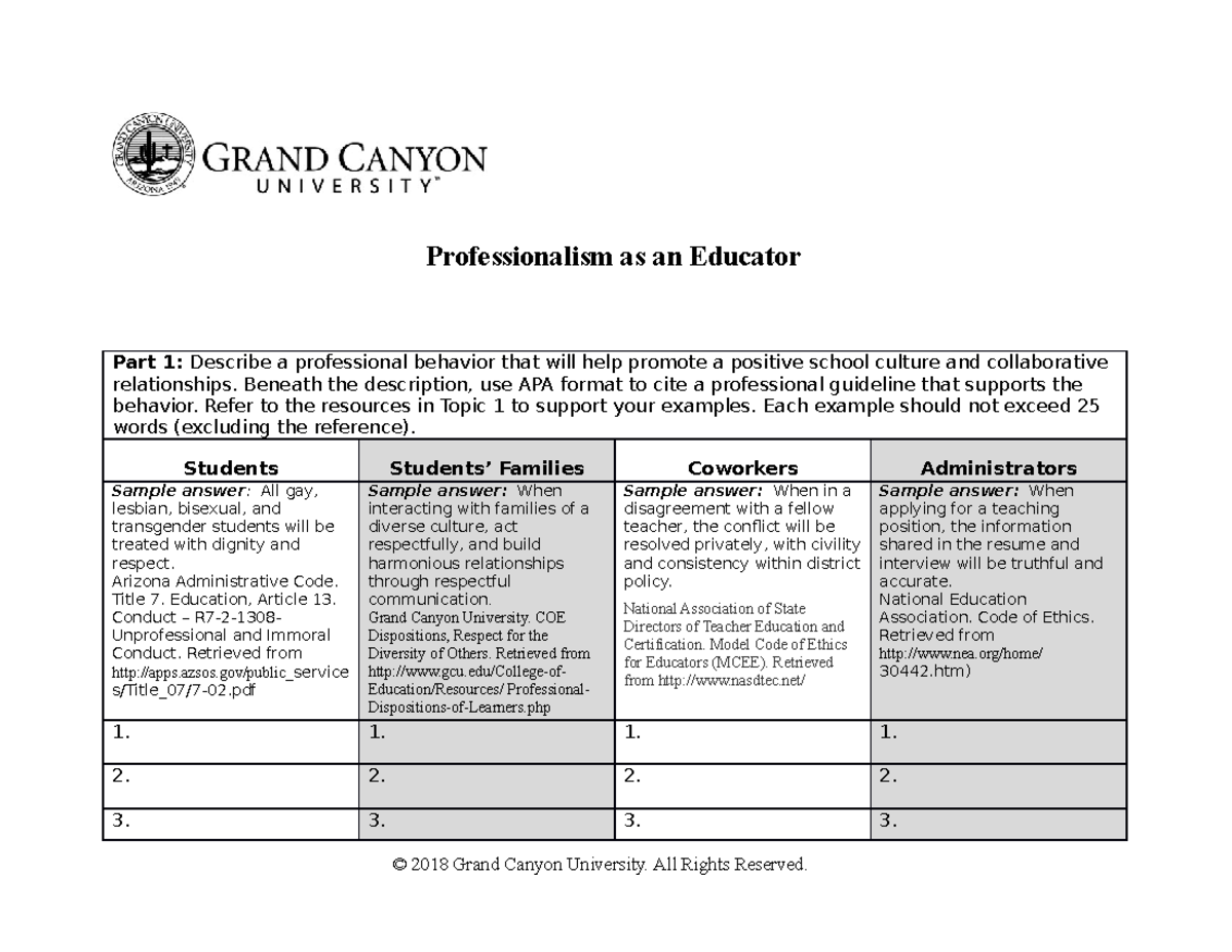 ELM-250-T1-Professionalism Educator Table (13) - Professionalism as an ...