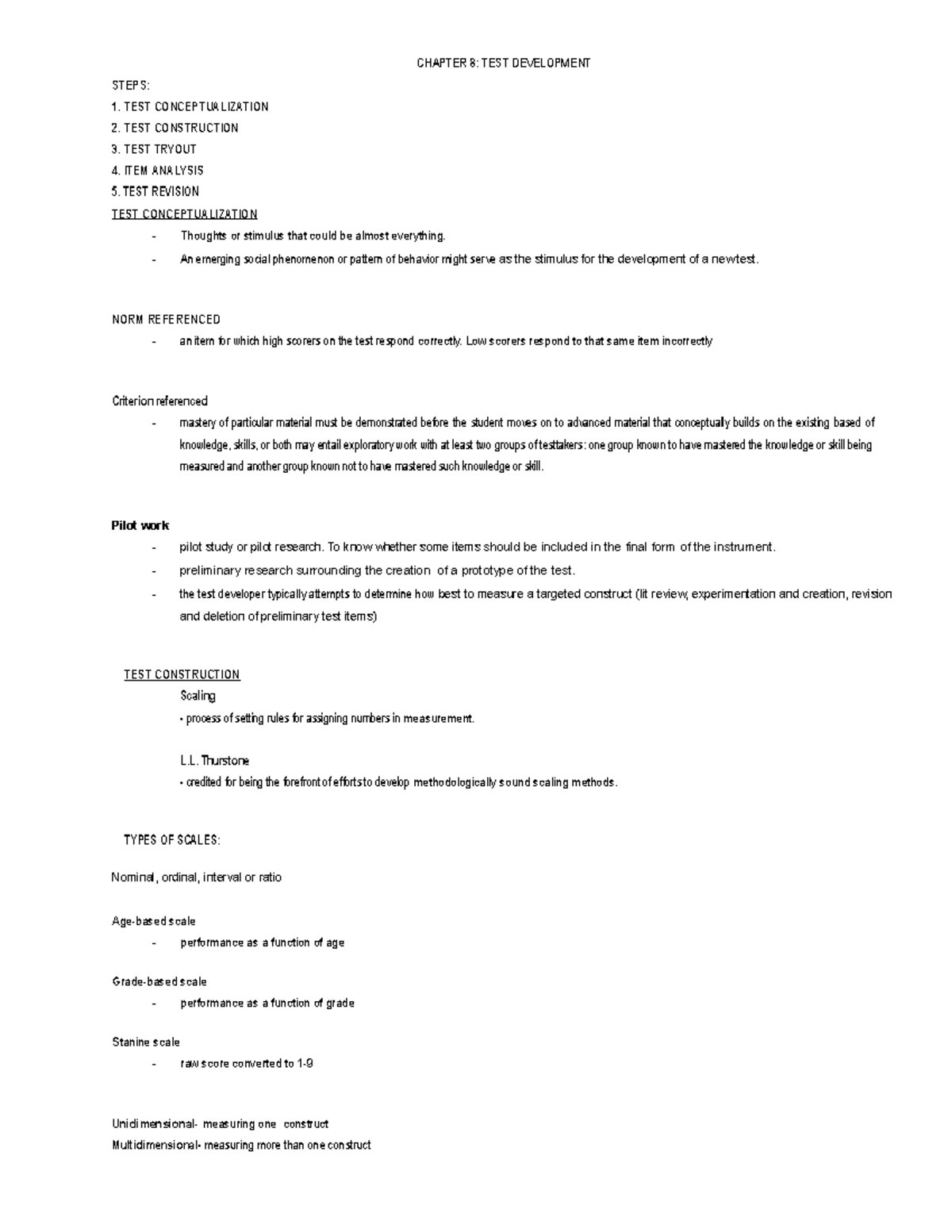 Chapter 8-1 - notes only - CHAPTER 8: TEST DEVELOPMENT STEPS: 1. TEST ...