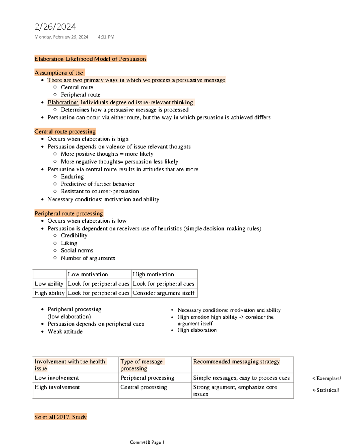 Comm 418 Lecture notes Professor Skurka - Elaboration Likelihood Model ...