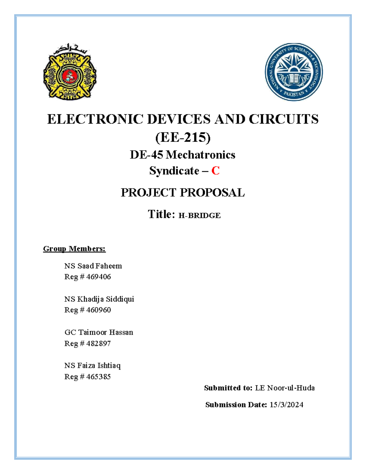 EDC PROJ Final - ELECTRONIC DEVICES AND CIRCUITS (EE-215) DE-45 ...