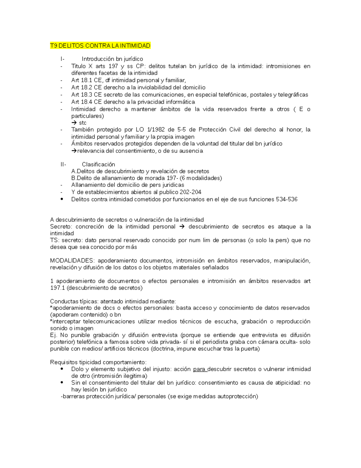 T9 penal especial - T9 DELITOS CONTRA LA INTIMIDAD I- Introducción bn jurídico Titulo X arts 197 ...