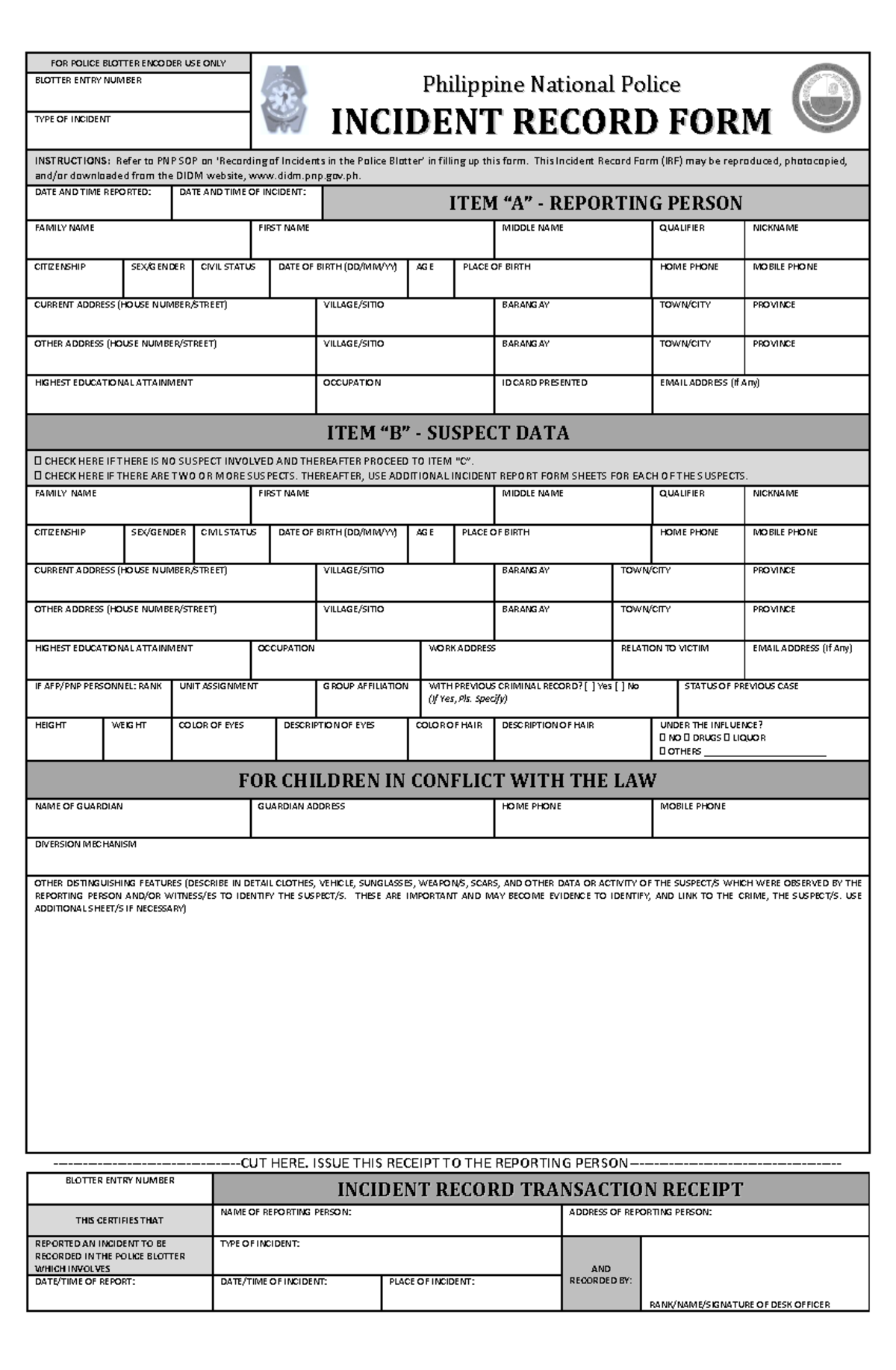 Incident Record Form - FOR POLICE BLOTTER ENCODER USE ONLY P ...