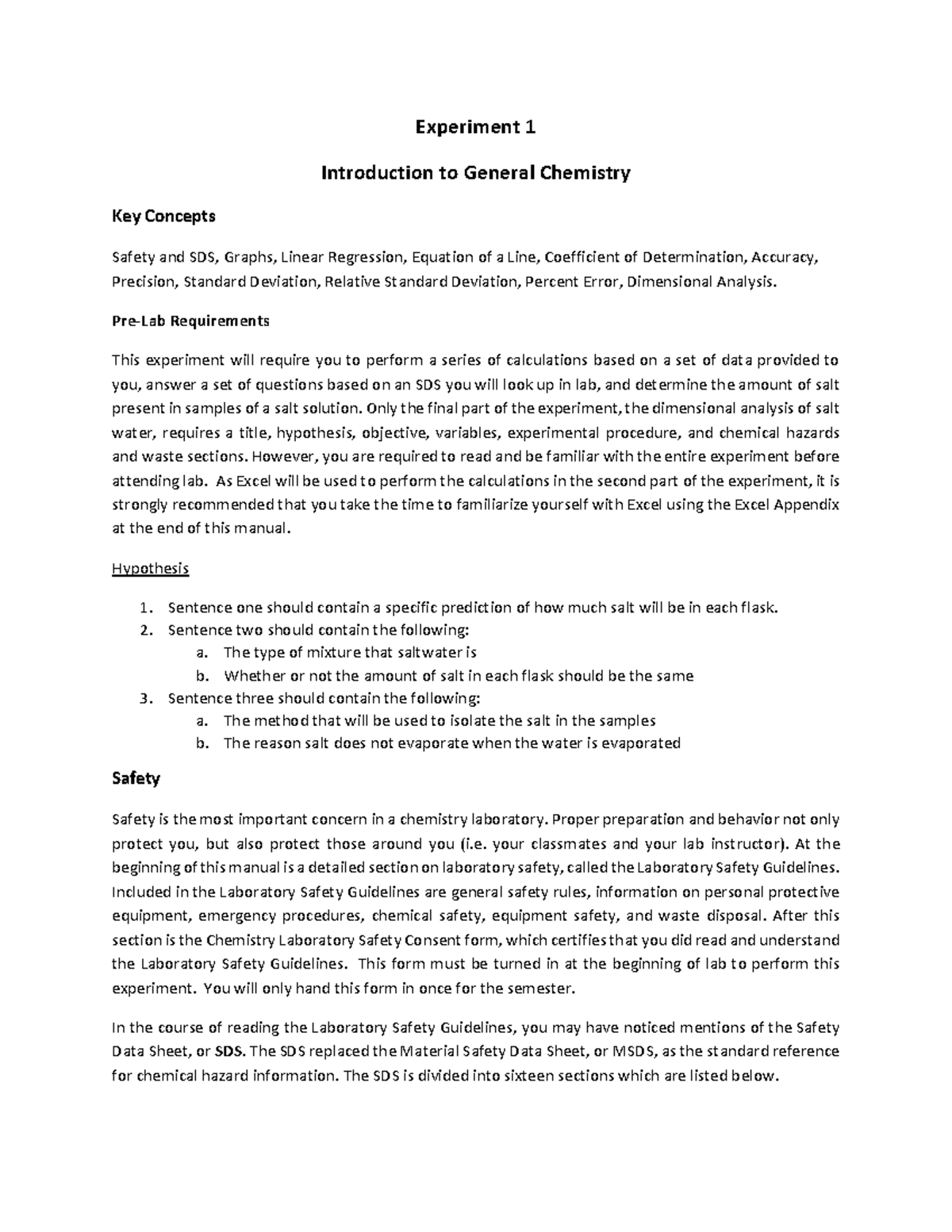 Introduction. to GENERAL CHEMISTRY Pre-and post lab Experiment #1 ...