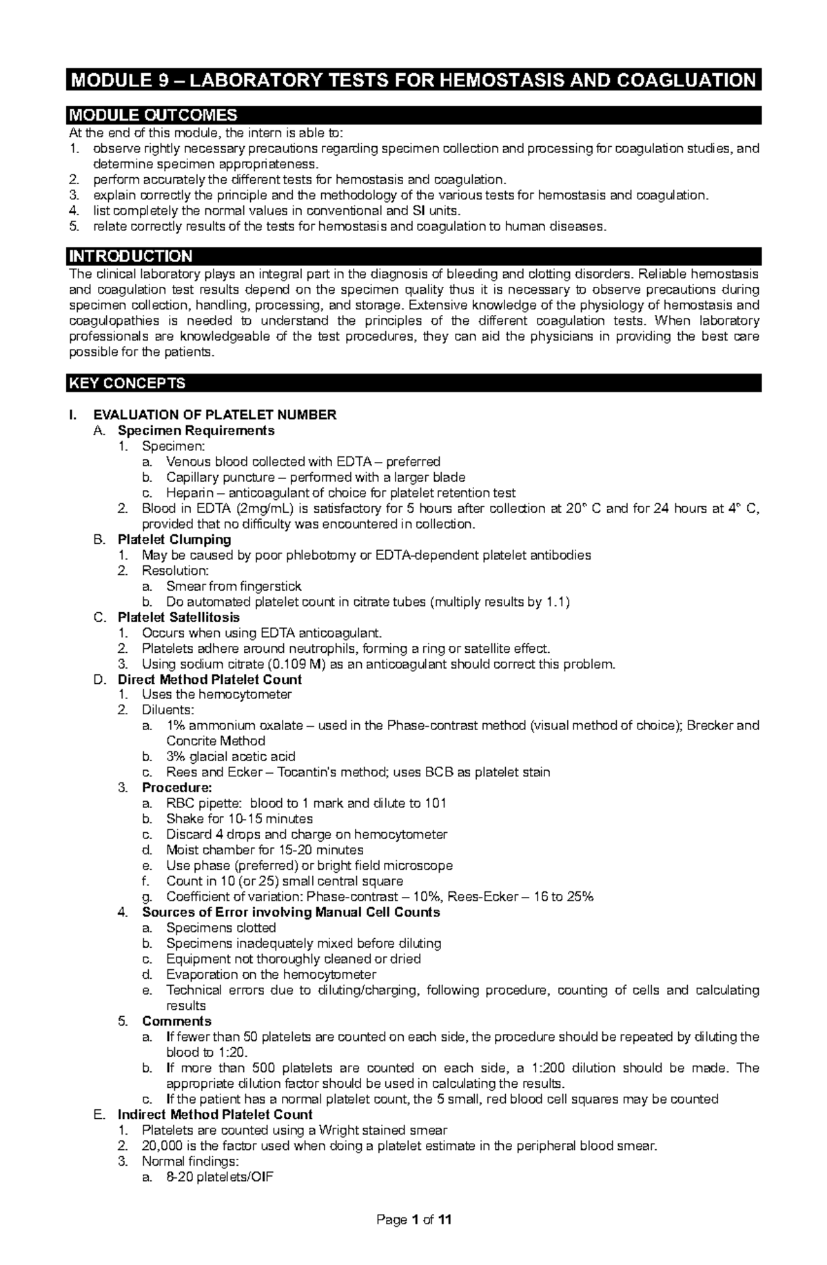 Module 9 Key Concepts Module 9 3 Laboratory Tests For Hemostasis And