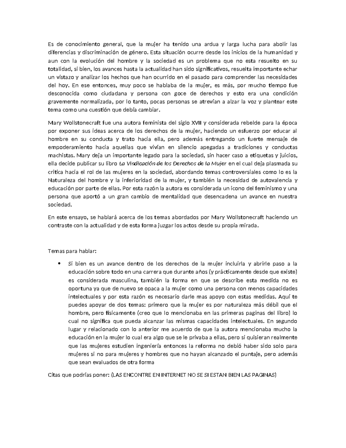 Ensayo Mary Core Literatura - Es de conocimiento general, que la mujer ...