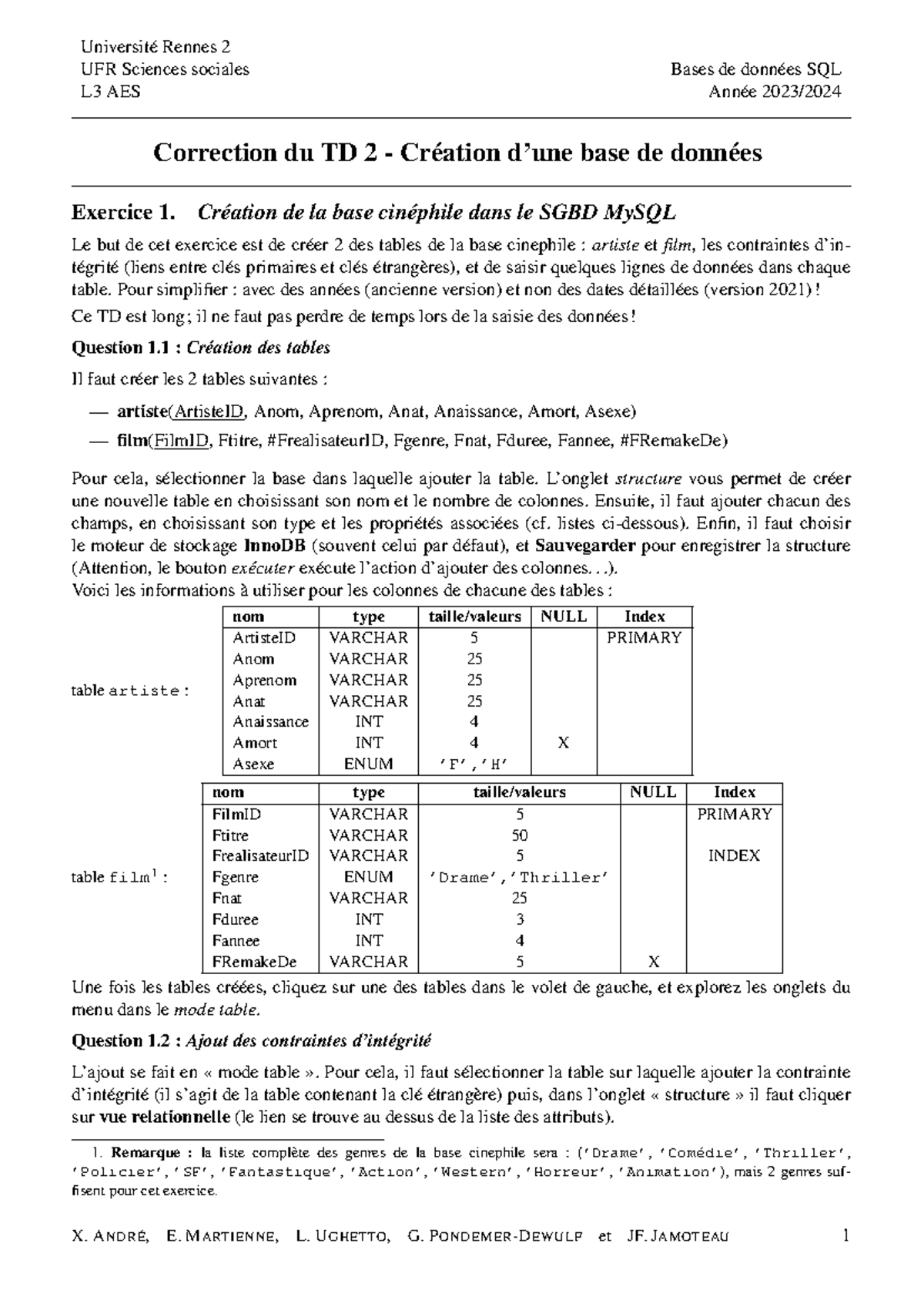 TD02 Corrigé - Université Rennes 2 UFR Sciences sociales Bases de données SQL L3 AES Année 2023 ...