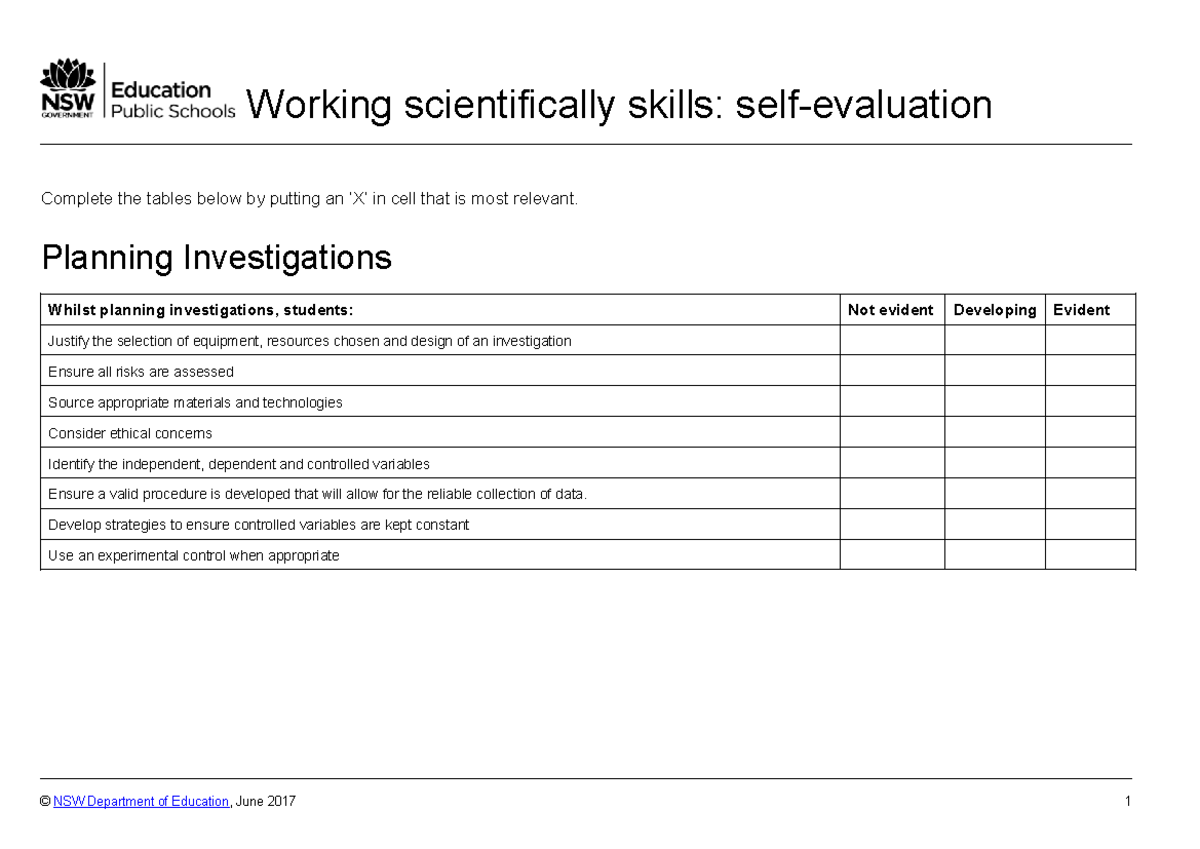 Working scientifically skills checklist - Working scientifically skills ...