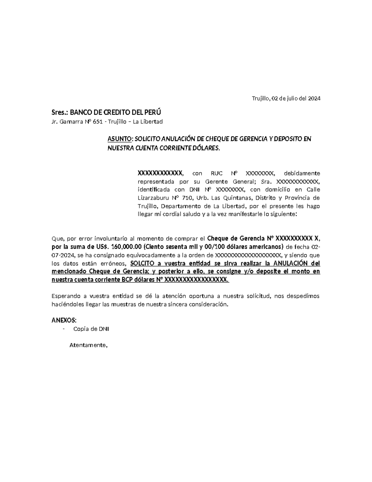 Solicito Anular Cheque - Trujillo, 02 de julio del 2024 Sres.: BANCO DE ...