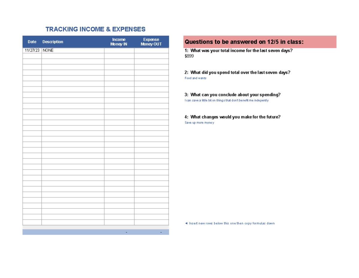 Copy of Income and Expense Worksheet - Your 7-Day Tracking - TRACKING ...
