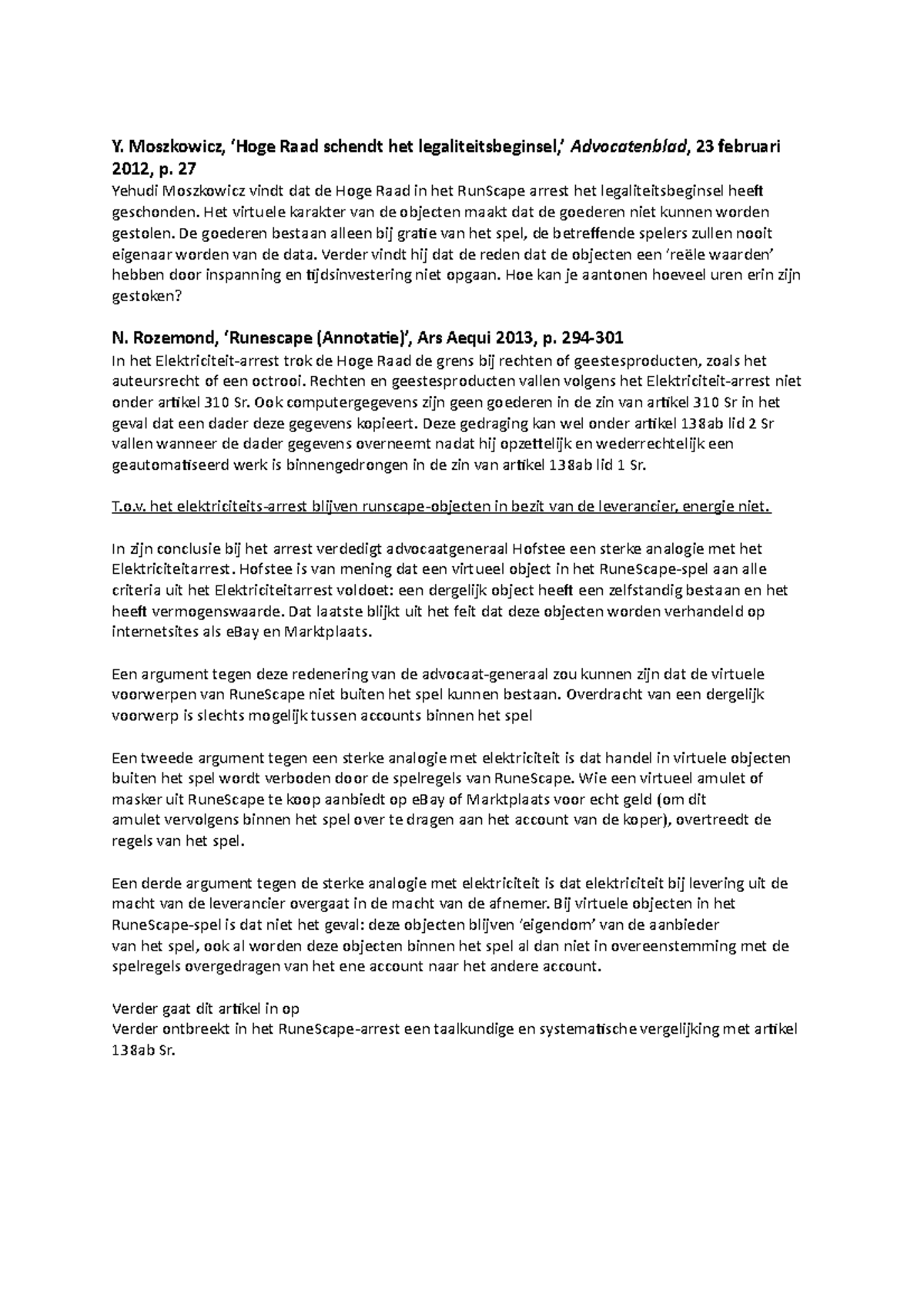 Artikelen probleem 6 - Y. Moszkowicz, ‘Hoge Raad schendt het ...