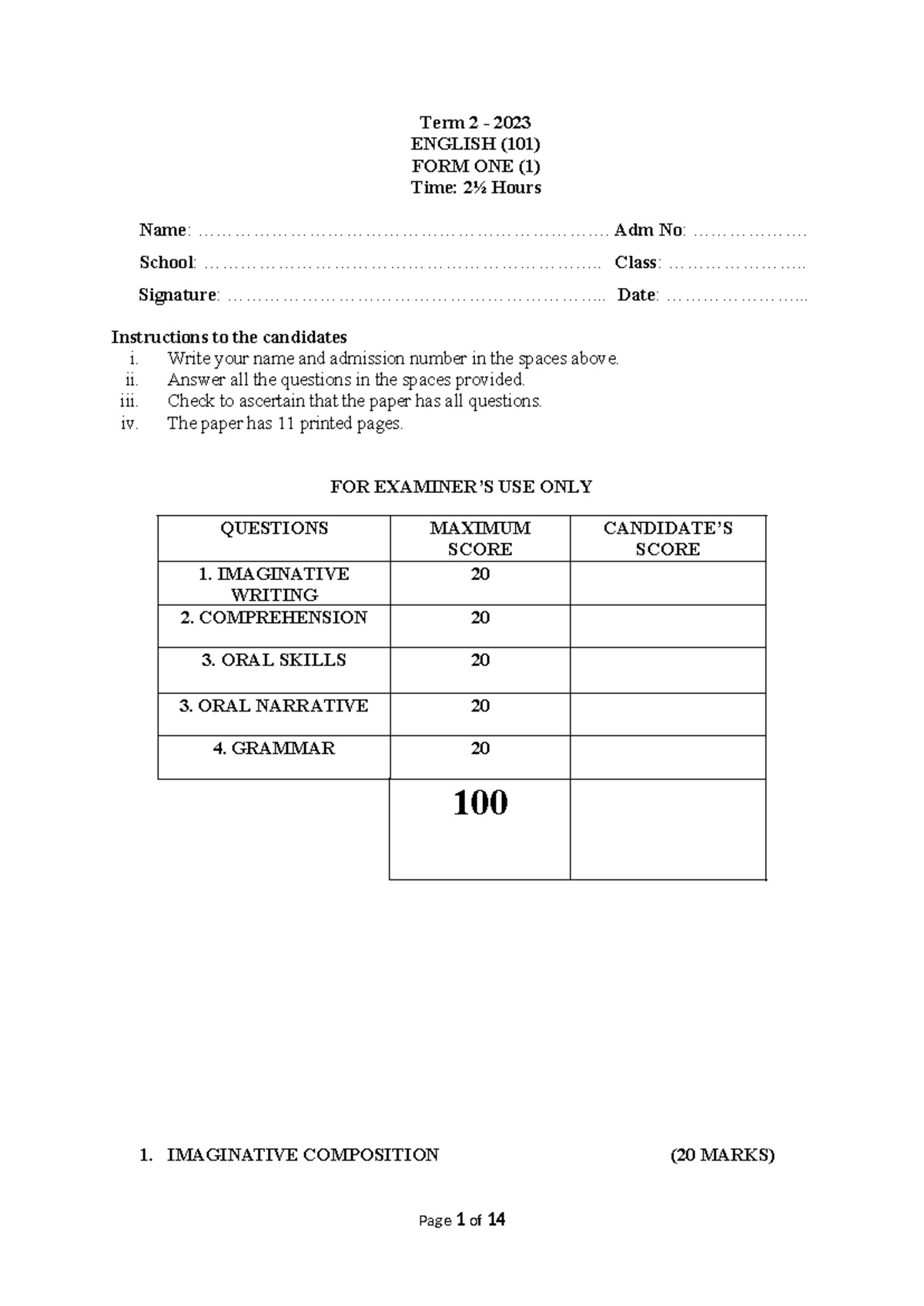 2023 English F1 QS T2 Exam Teacher - Term 2 - 2023 ENGLISH (101) FORM ...