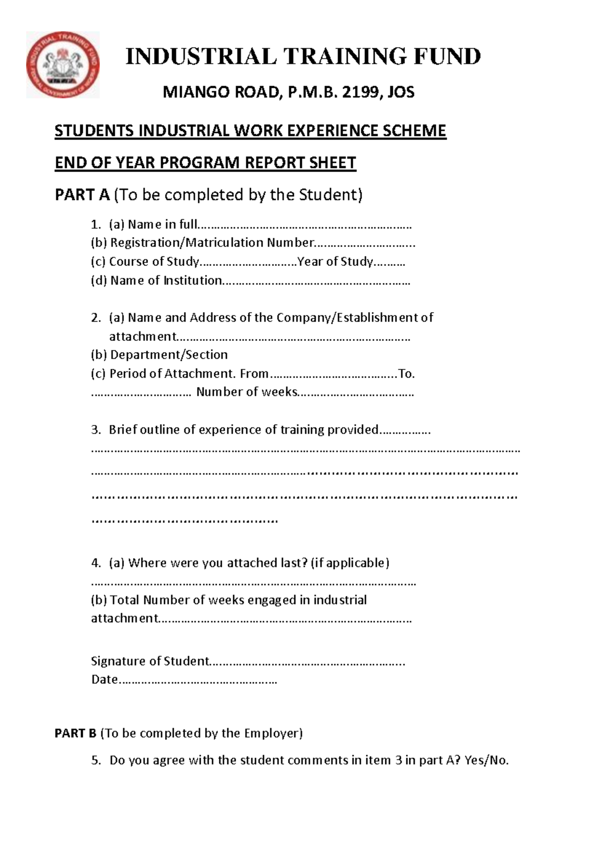 Form8 - Siwes ITF form 8 - STUDENTS INDUSTRIAL WORK EXPERIENCE SCHEME ...