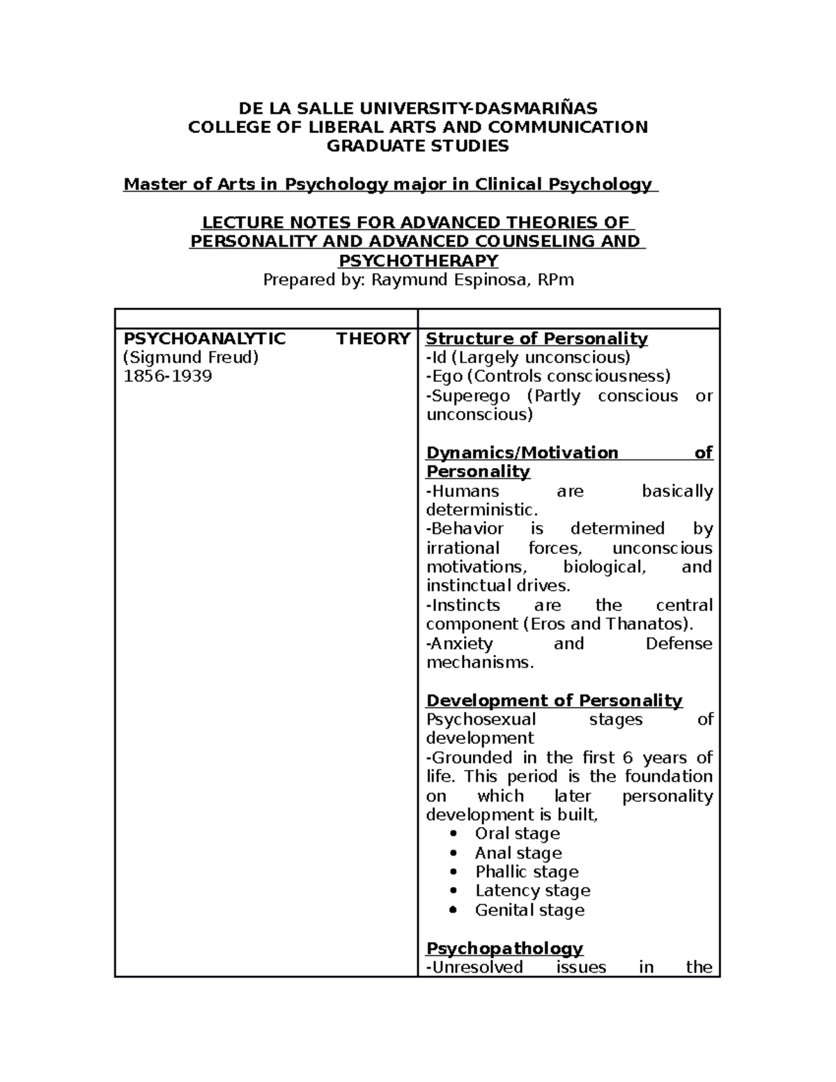 Lecture Notes for Advanced TOP and Psychotherapy - DE LA SALLE ...