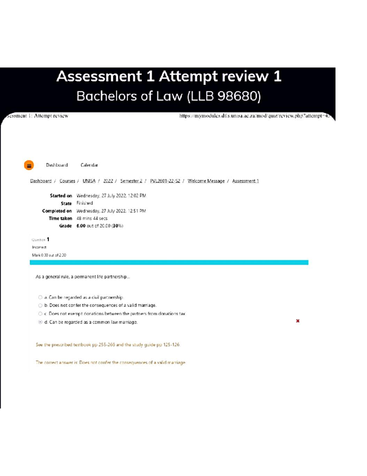 Assessment reviews - 100%pass rate - Assessment 1 Attempt review 1 Bachelors of Law (LLB 98680 ...