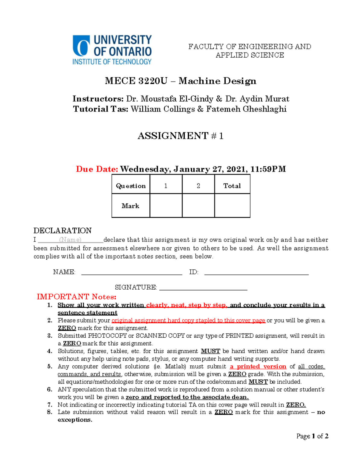 MECE3220 Assignment 1 - Page 1 of 2 FACULTY OF ENGINEERING AND APPLIED ...