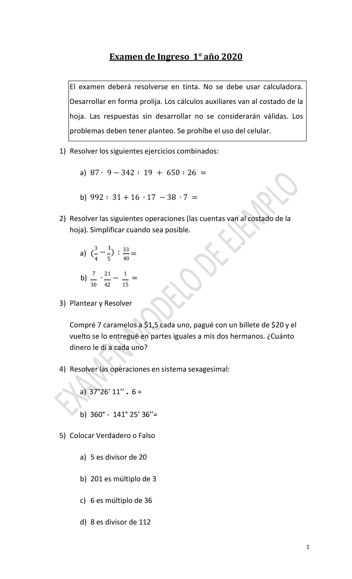 Examen Matematica - Ejemplo 1 - 1 El examen deberá resolverse en tinta ...