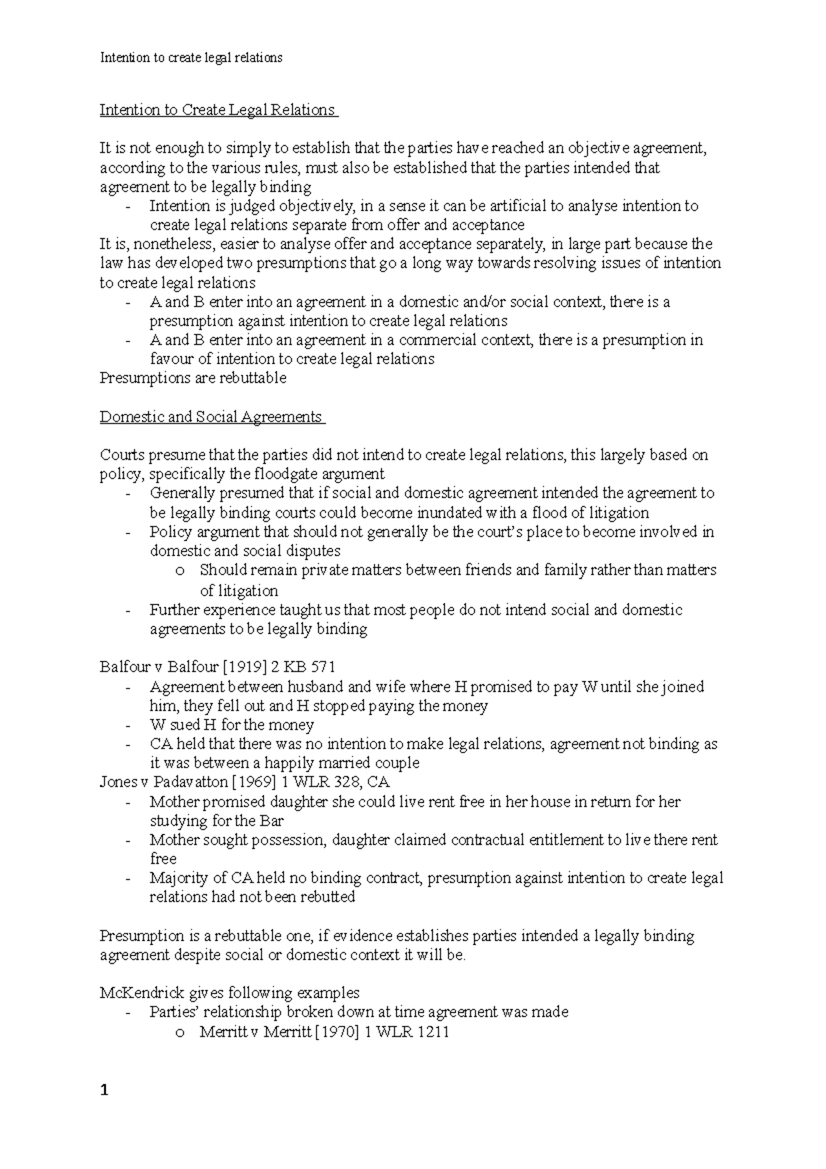 Intention to Create Legal Relations - Intention to create legal ...