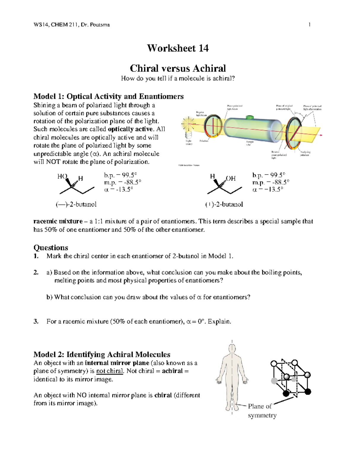 WS14 Stereochemistry Part II - WS14, CHEM 211, Dr. Poutsma 1 Worksheet ...