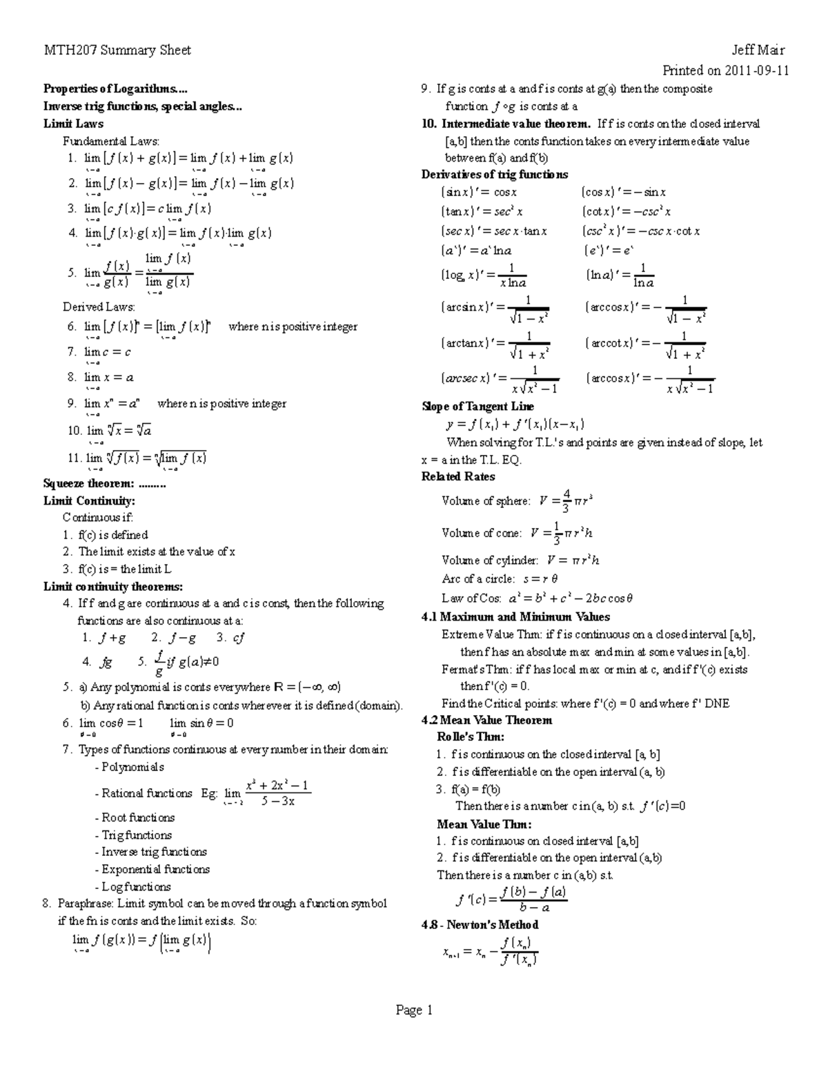 Summary Sheet formula - MTH207 Summary Sheet Jeff Mair Printed on 2011 ...