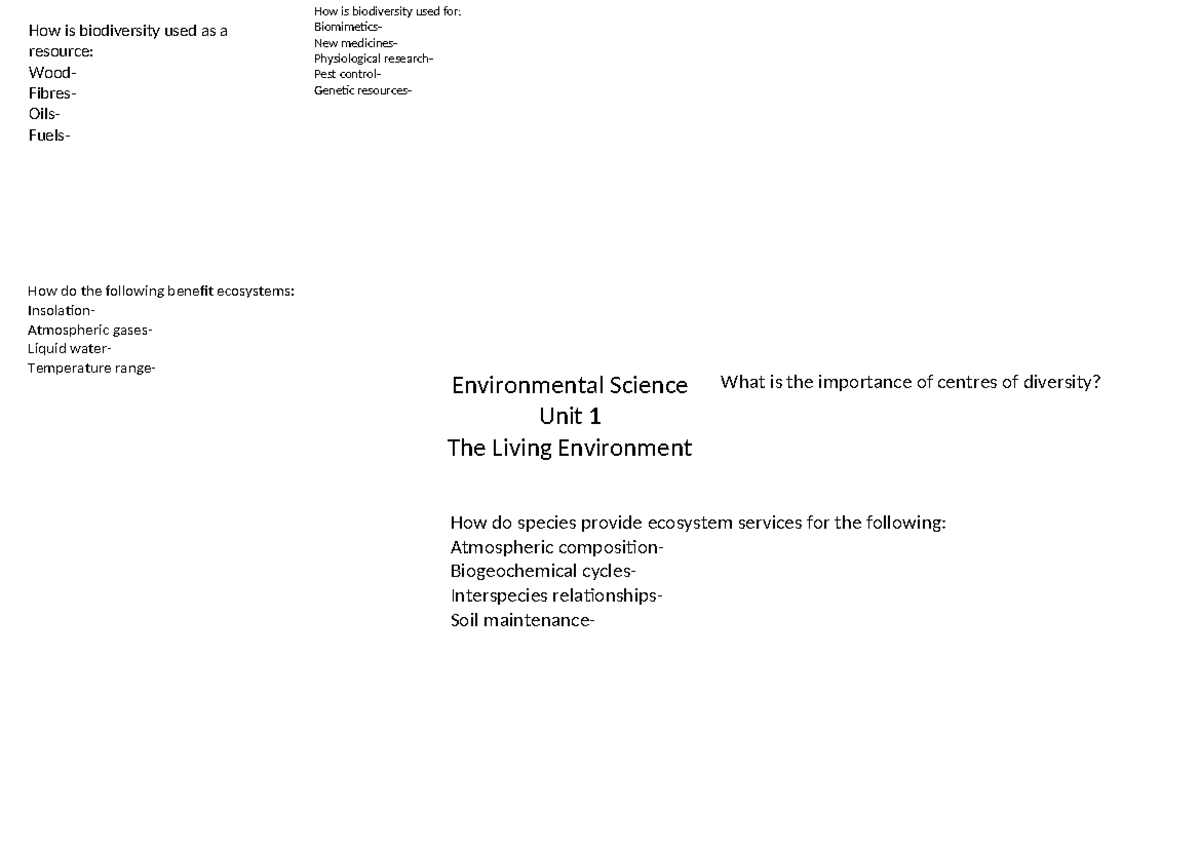 ES Unit 1 Living Environment - Environmental Science Unit 1 The Living ...