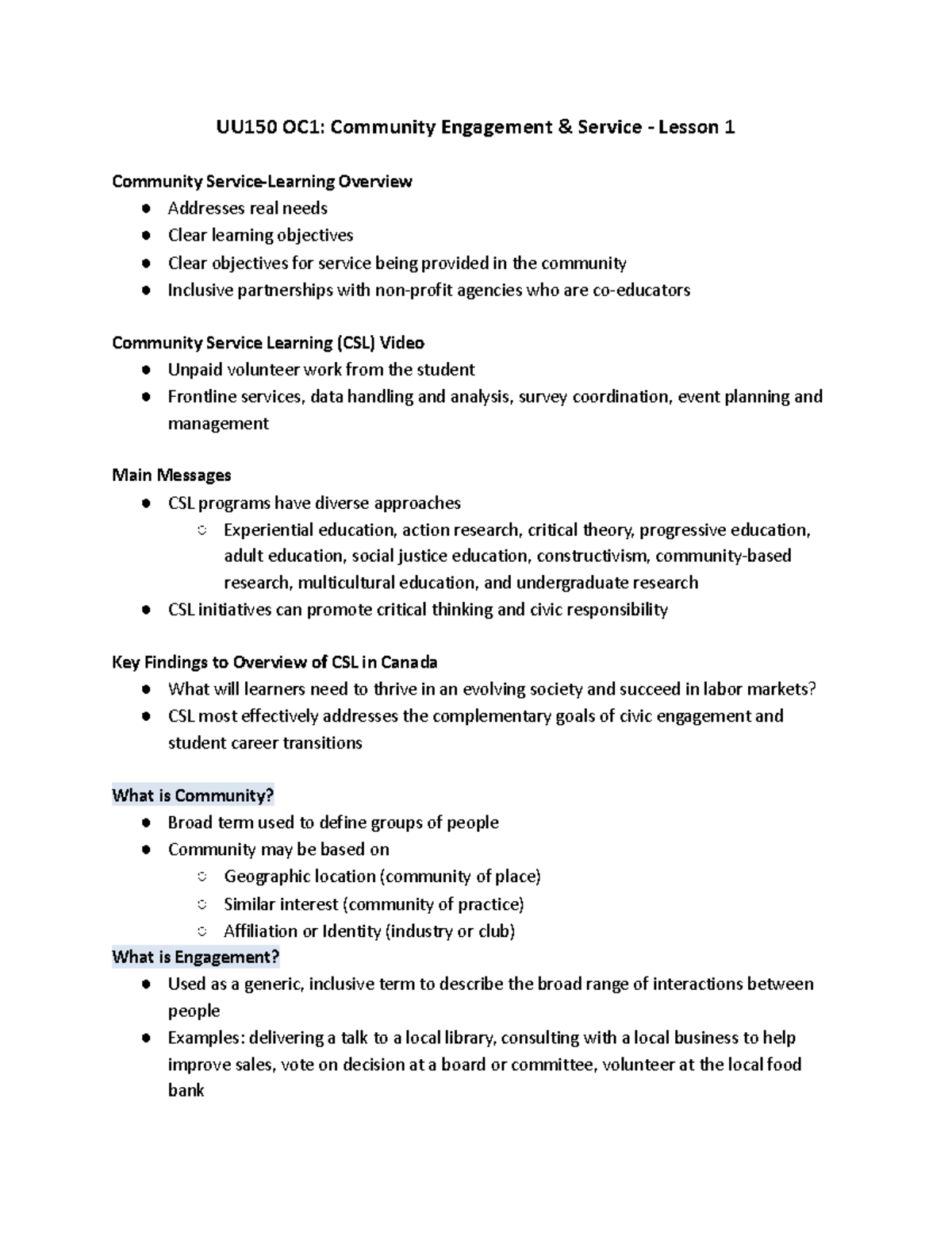 UU150 OC1 Community Engagement & Service - Lesson 1 - UU150 OC1 ...
