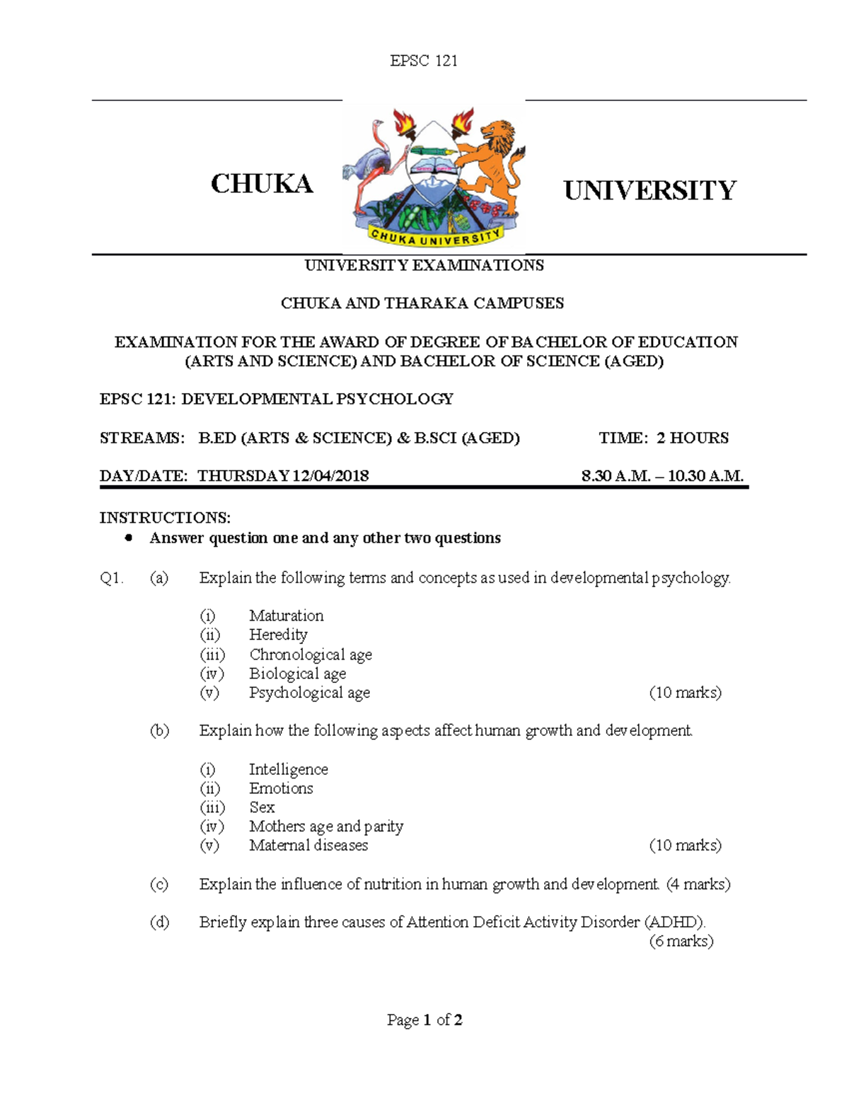 EPSC 121 (3) - EPSC 121 CHUKA UNIVERSITY UNIVERSITY EXAMINATIONS CHUKA ...