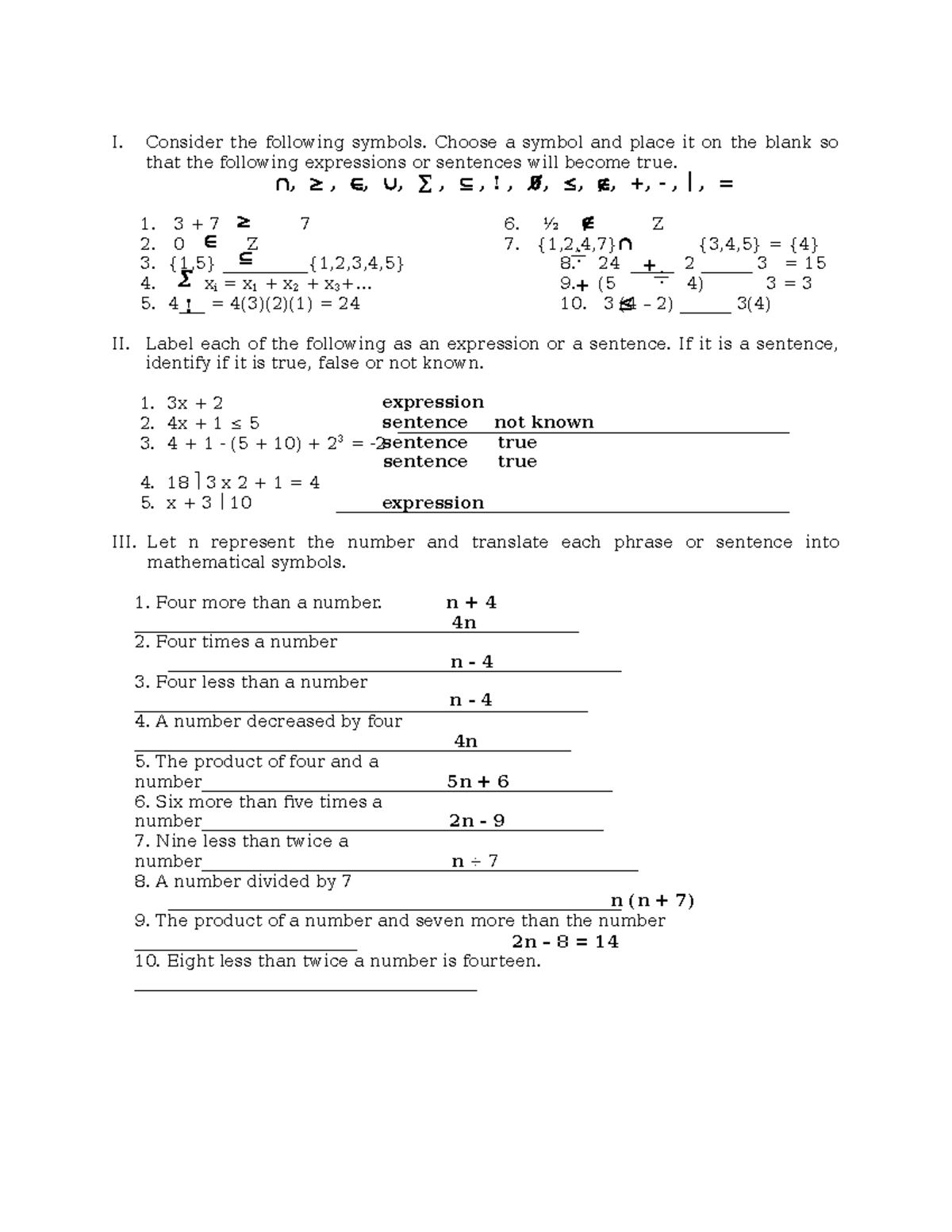 Math - Lectures - I. Consider the following symbols. Choose a symbol ...