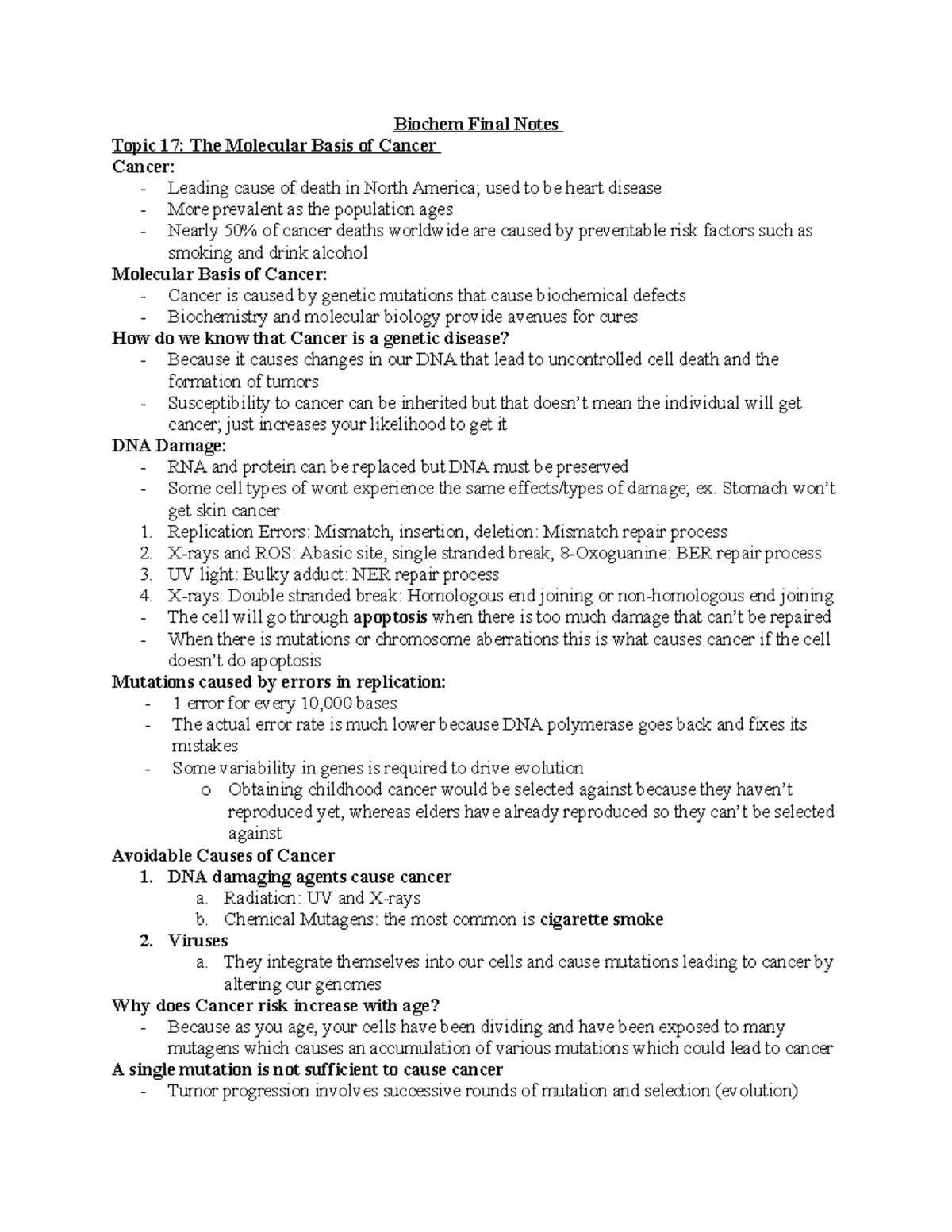 Biochem Final Notes - Biochem Final Notes Topic 17: The Molecular Basis ...