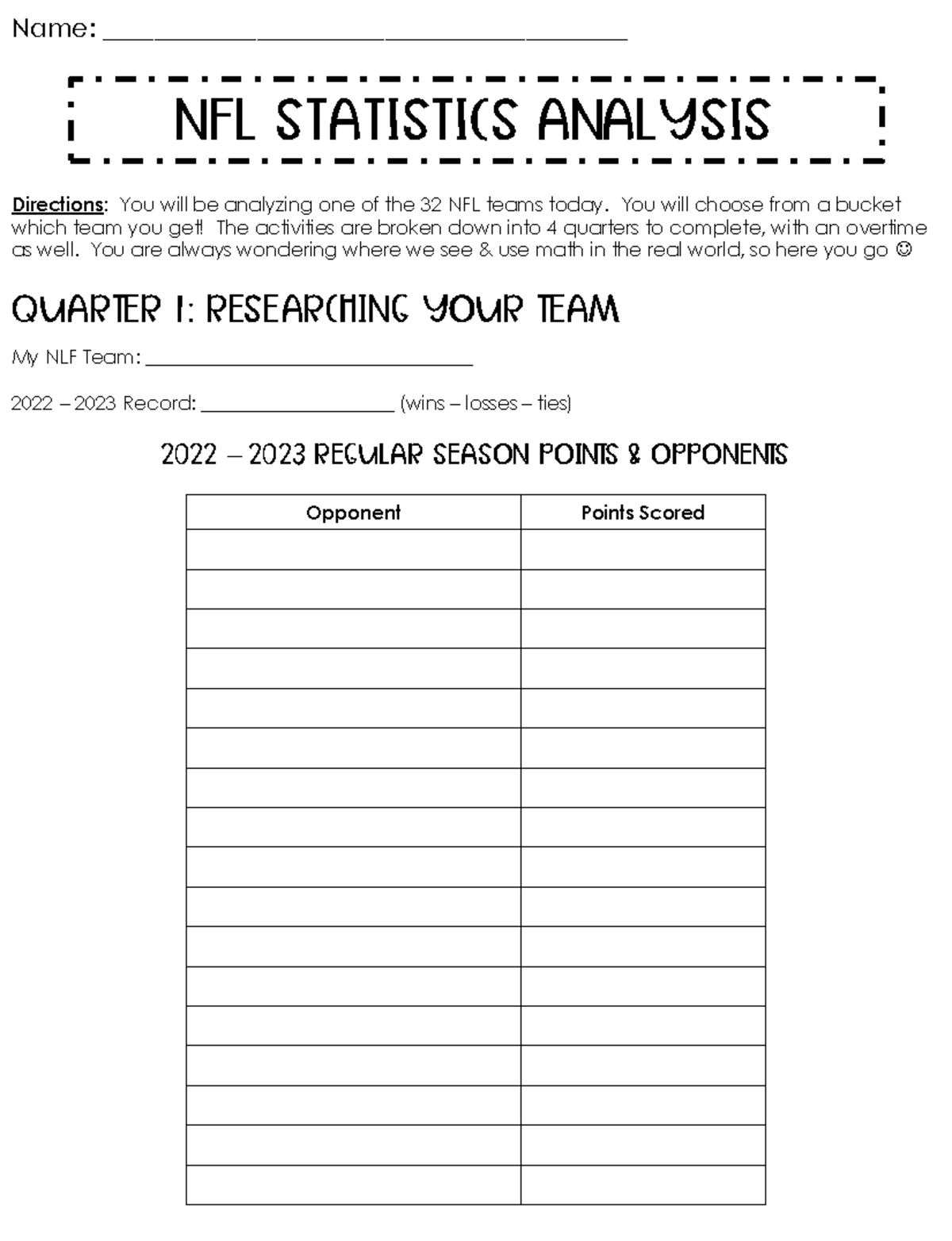 NFL Statitics Handout - j kjnkjnjonjnjn - NFL Statistics Analysis ...