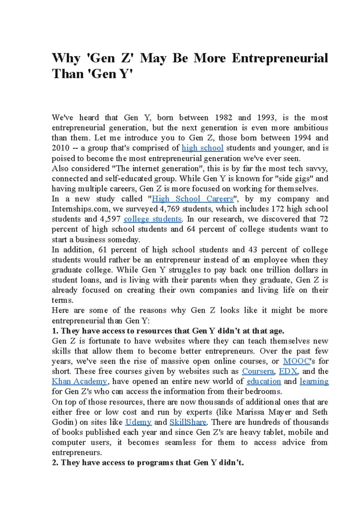 Reading TEXT - Why 'Gen Z' May Be More Entrepreneurial Than 'Gen Y' We ...