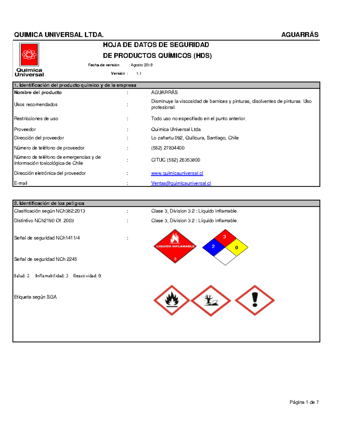 664572183 Aguarras Quimica Universal HDS - : 1. Proveedor E-mail : HOJA ...