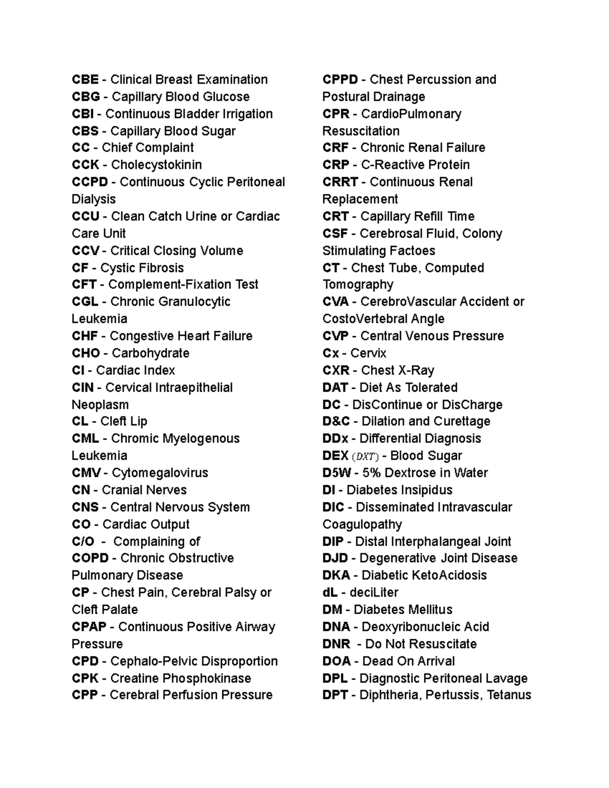 Nursing Abbreviation 2 - CBE - Clinical Breast Examination CBG ...