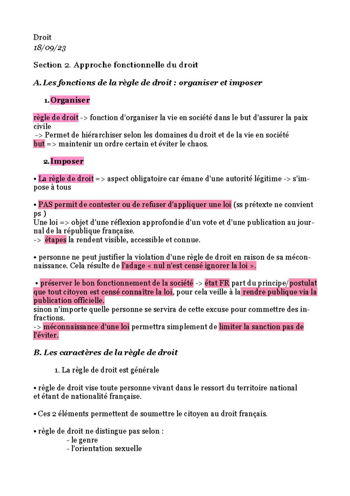 Droit - Note de cours - Droit 18/09/ Section 2. Approche fonctionnelle ...