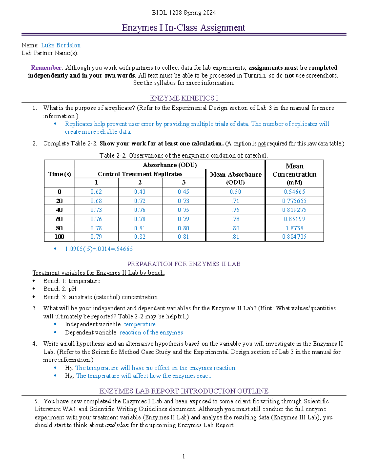 L. Bordelon Enzymes I ICA - BIOL 1208 Spring 2024 Enzymes I In-Class ...