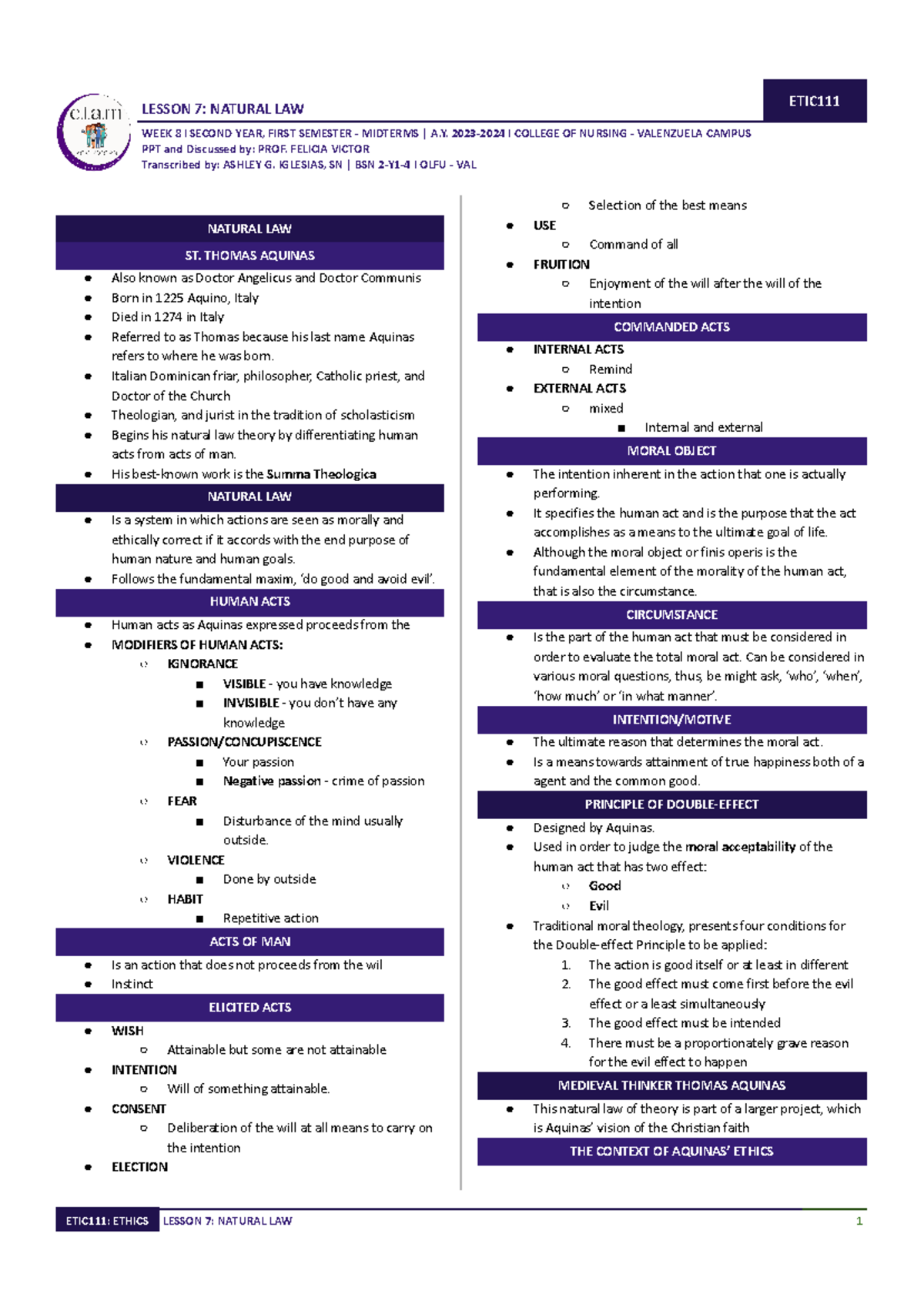 [8.7] Midterm ETIC111 Trans Natural Law - LESSON 7: NATURAL LAW ETIC ...