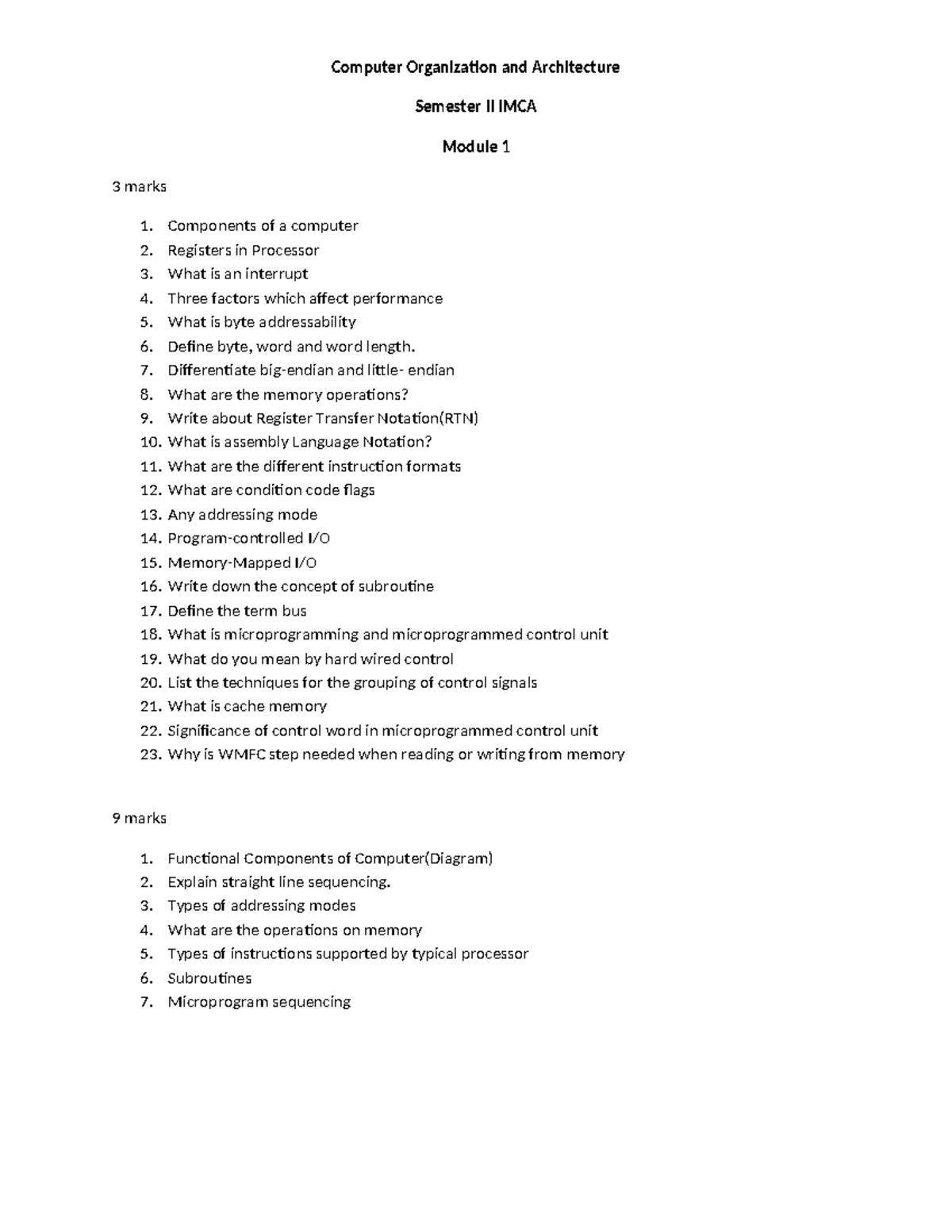 Module 1 questions - sdfdsd - Computer Organization and Architecture Semester II IMCA Module 1 3 ...