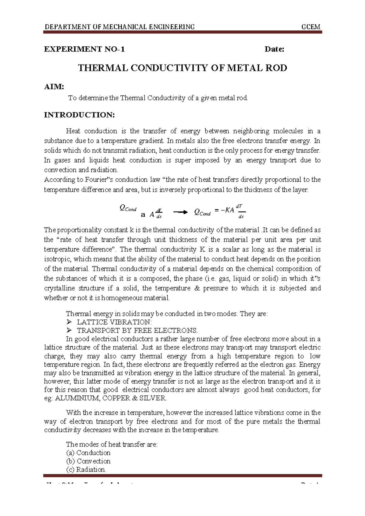 Hmt lab manual 10ME67 - 326 - EXPERIMENT NO-1 Date: THERMAL CONDUCTIVITY OF METAL ROD AIM: To ...