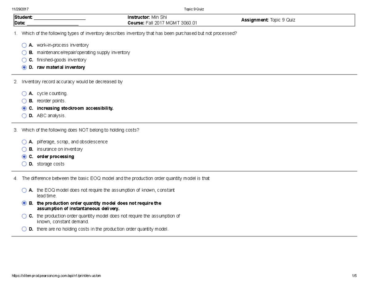 Topic 9 Quiz - Quiz - 1. 2. 3. 4. Student: _____________________ Date