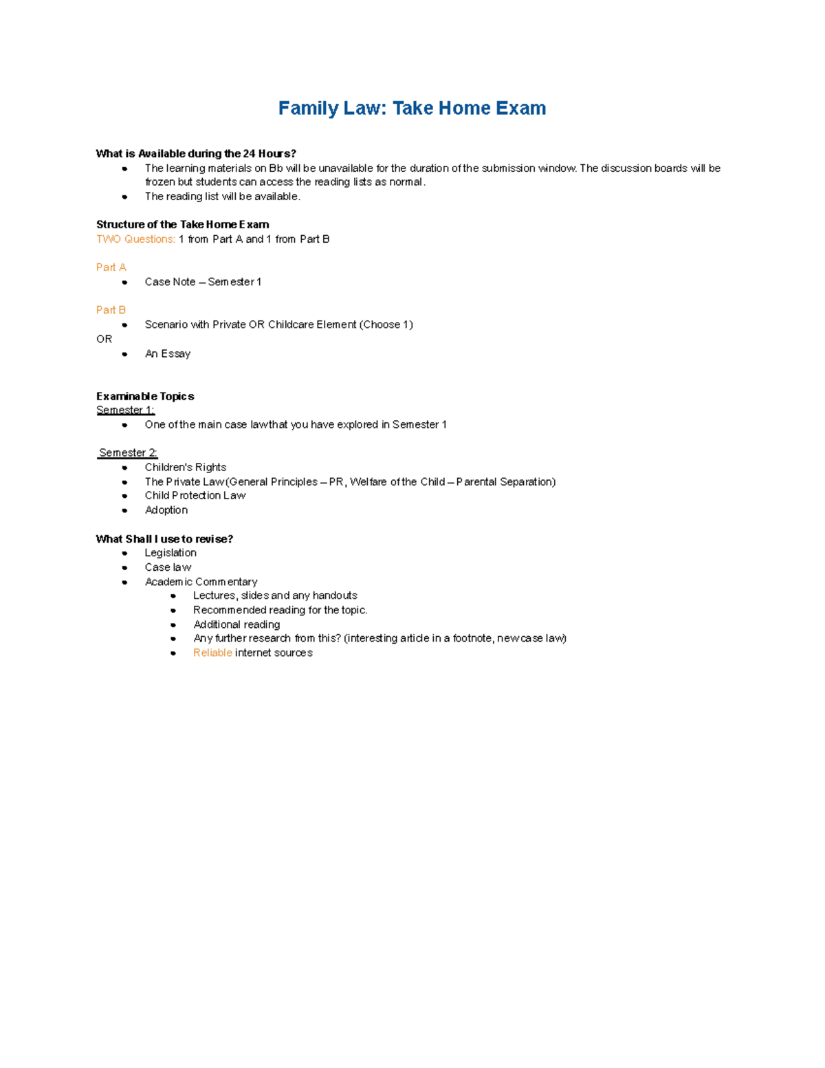 Revision lecture - Family Law: Take Home Exam What is Available during ...