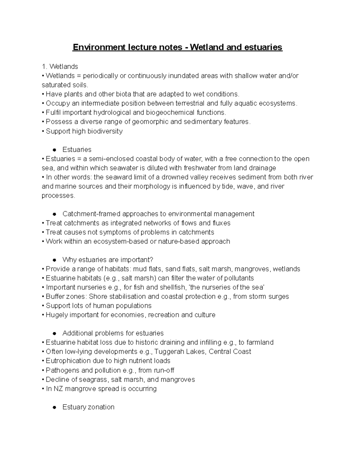 Environment lecture notes - Wetland and estuaries - Environment lecture ...