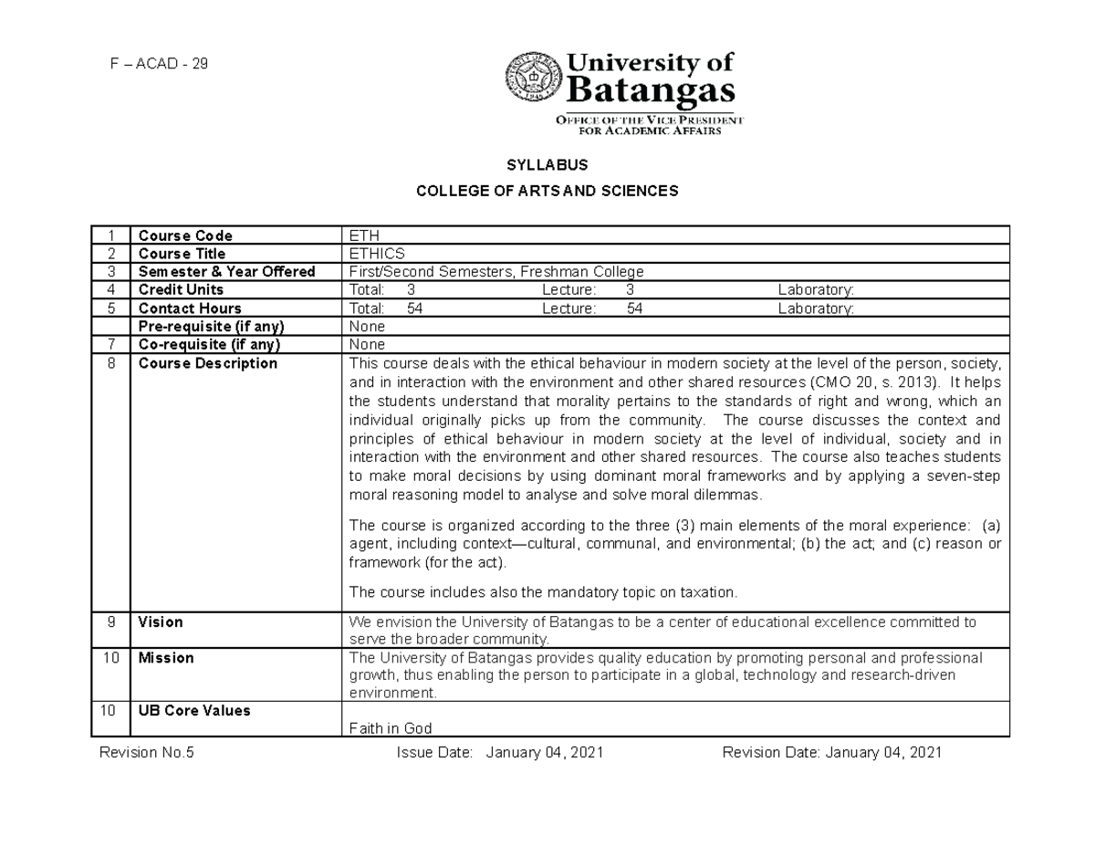 Ethics- Syllabus - To become knowledgeable - SYLLABUS COLLEGE OF ARTS ...