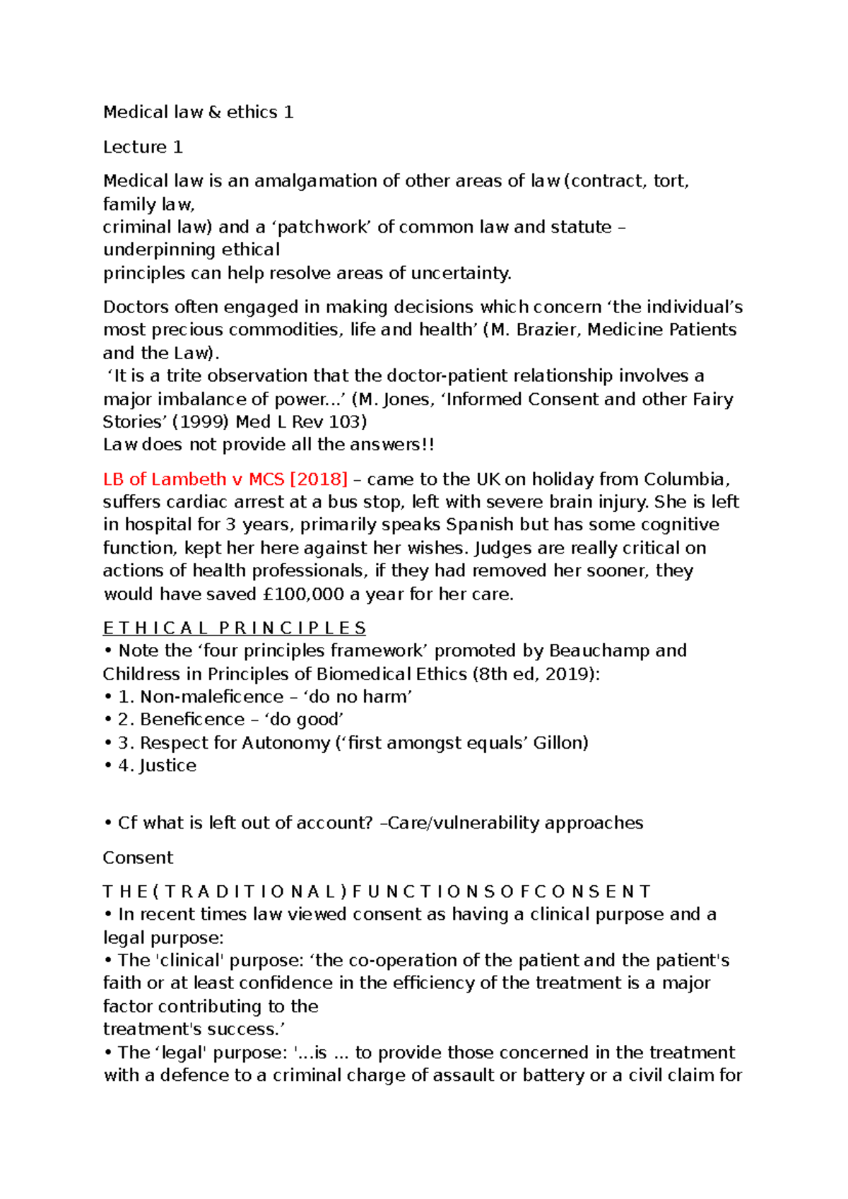 Medical law - Lecture 1 - Consent - Medical law & ethics 1 Lecture 1 ...