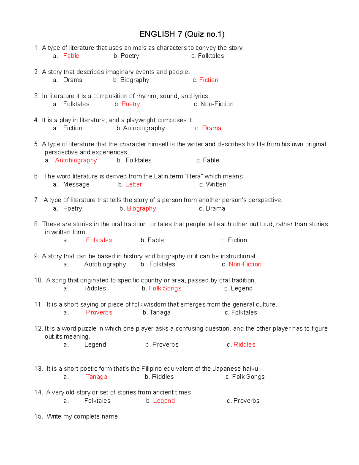 English Literature Quiz 10 at Naomi Marshall blog