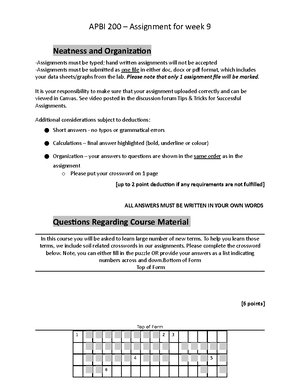 Assignment Week10 - APBI 200 – Assignment for week 10 Neatness and Organization -Assignments ...