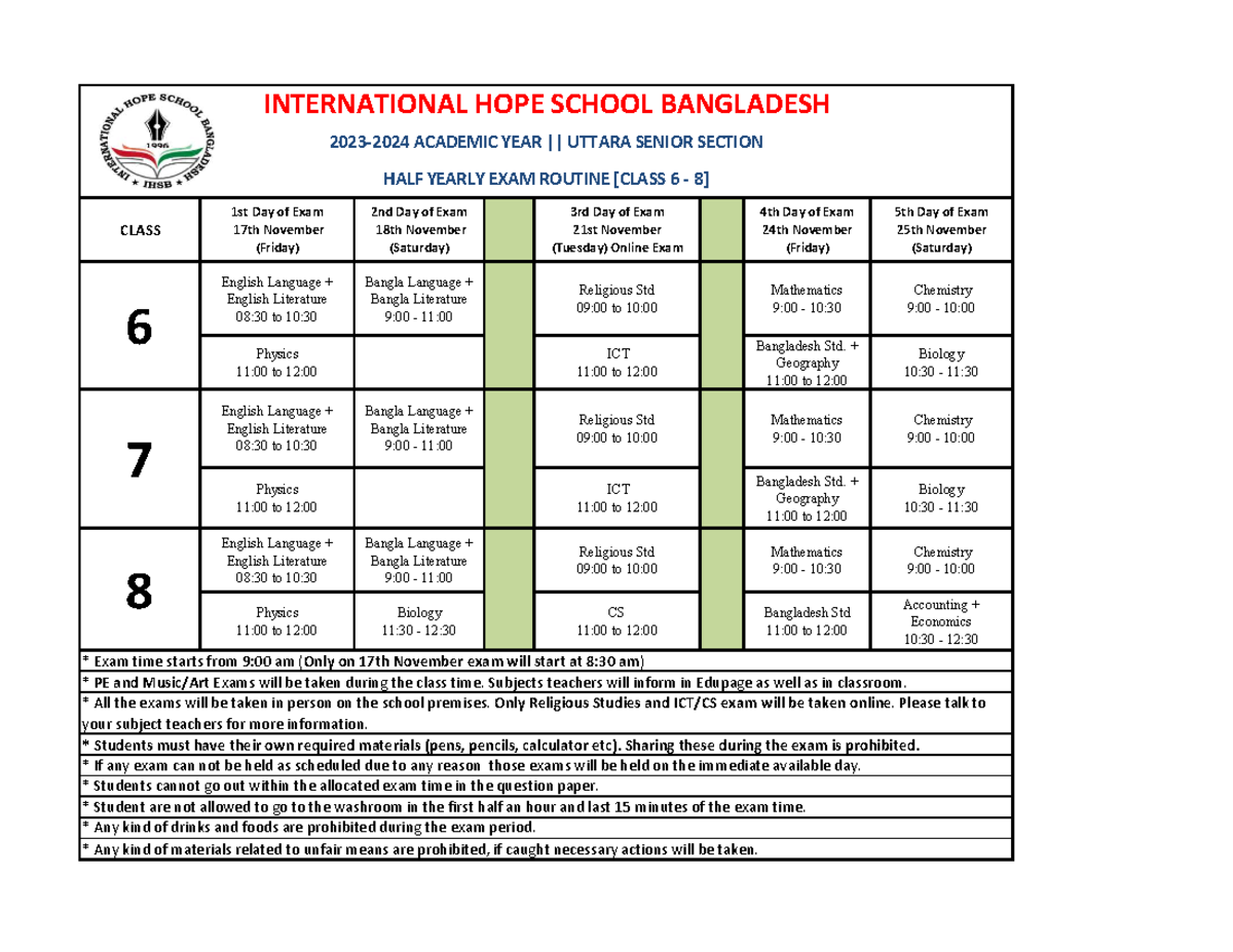 Updated Half yearly Exam Routine 23-24 - CLASS 1st Day of Exam 17th ...