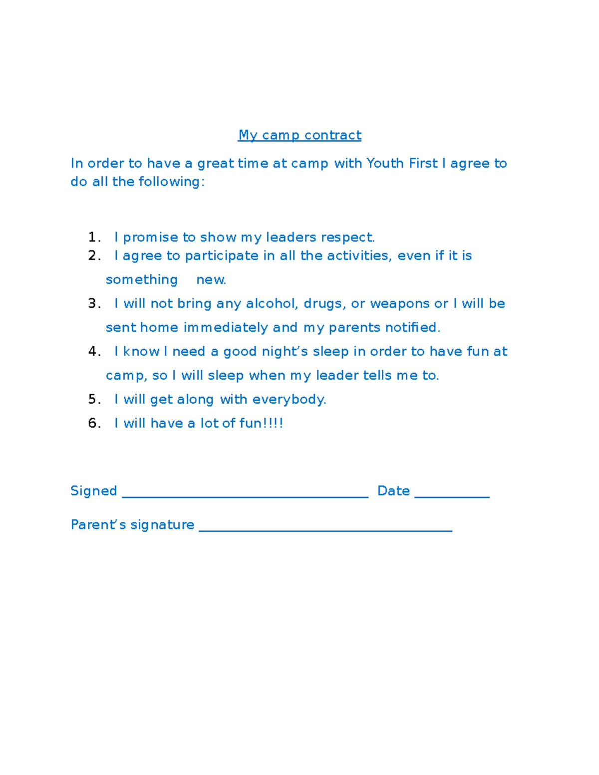 My camp contract - the - My camp contract In order to have a great time ...