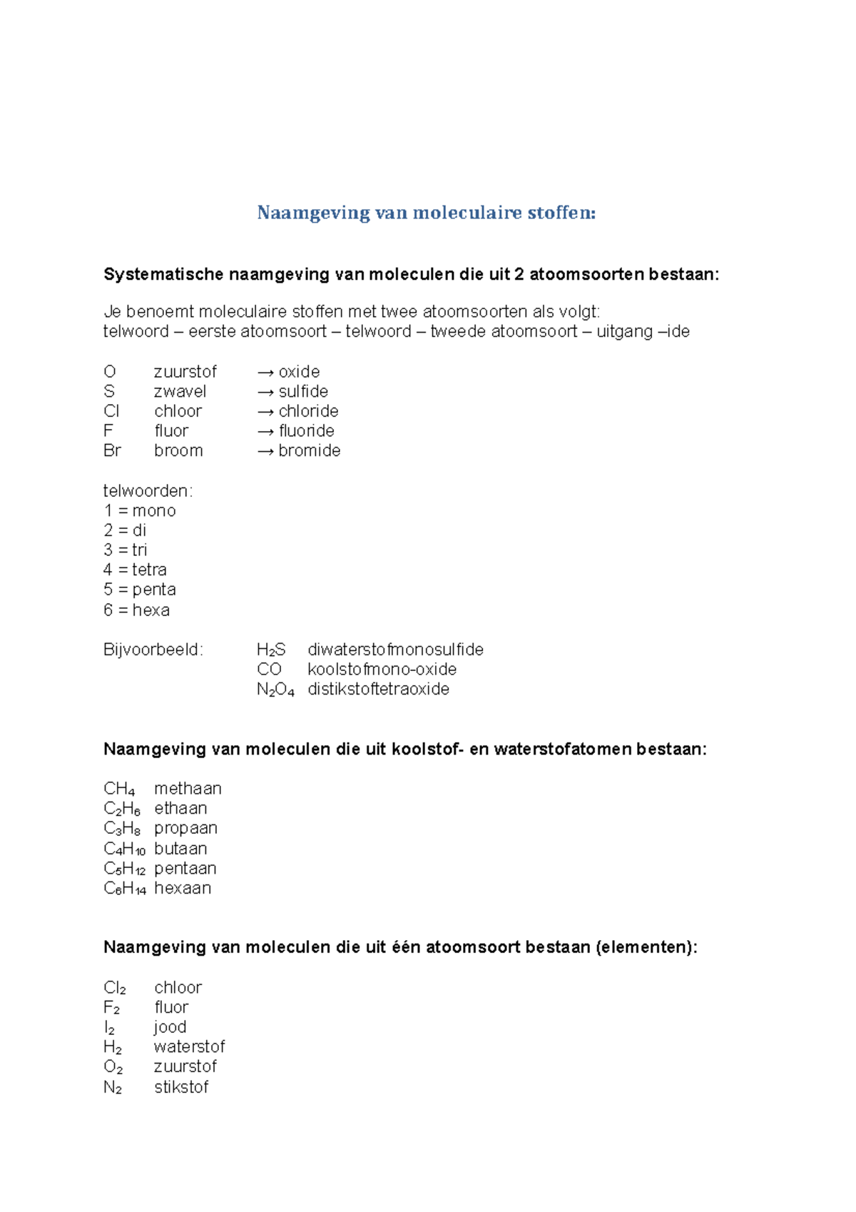 Samenvatting naamgeving zouten en moleculaire stoffen - Naamgeving van ...