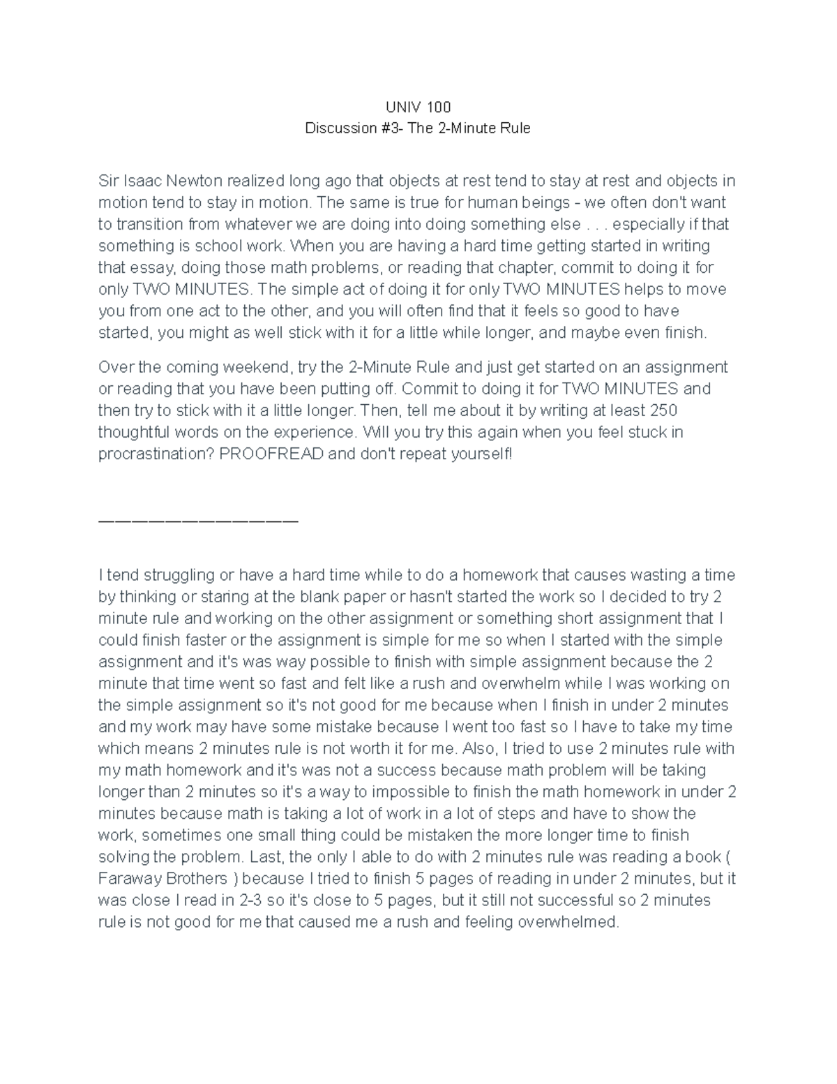 UNIV 100 Discussion #3 - Professor: Debbi Mercado Fall 2019 - UNIV 100 ...